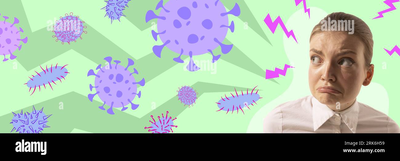 Contemporary art collage. Upset, scared woman fears approaching harmful ...