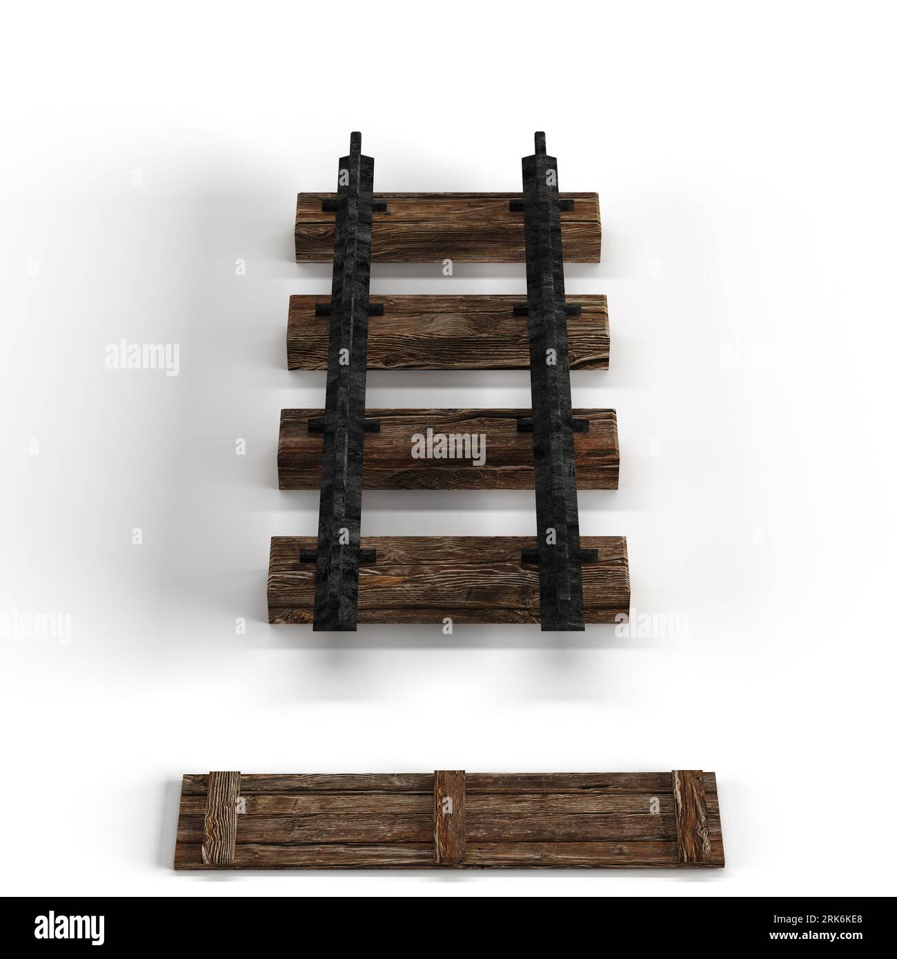 A 3D rendering of an aged wooden rail track isolated on a white ...