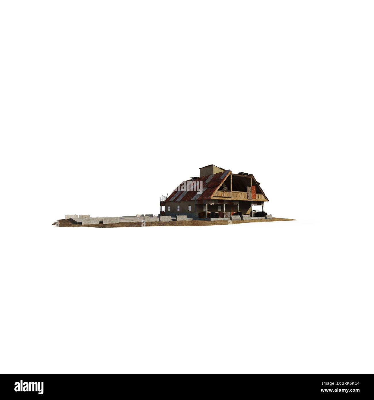 Isolated 3D rendering of a model of an abandoned rural landscape on a ...