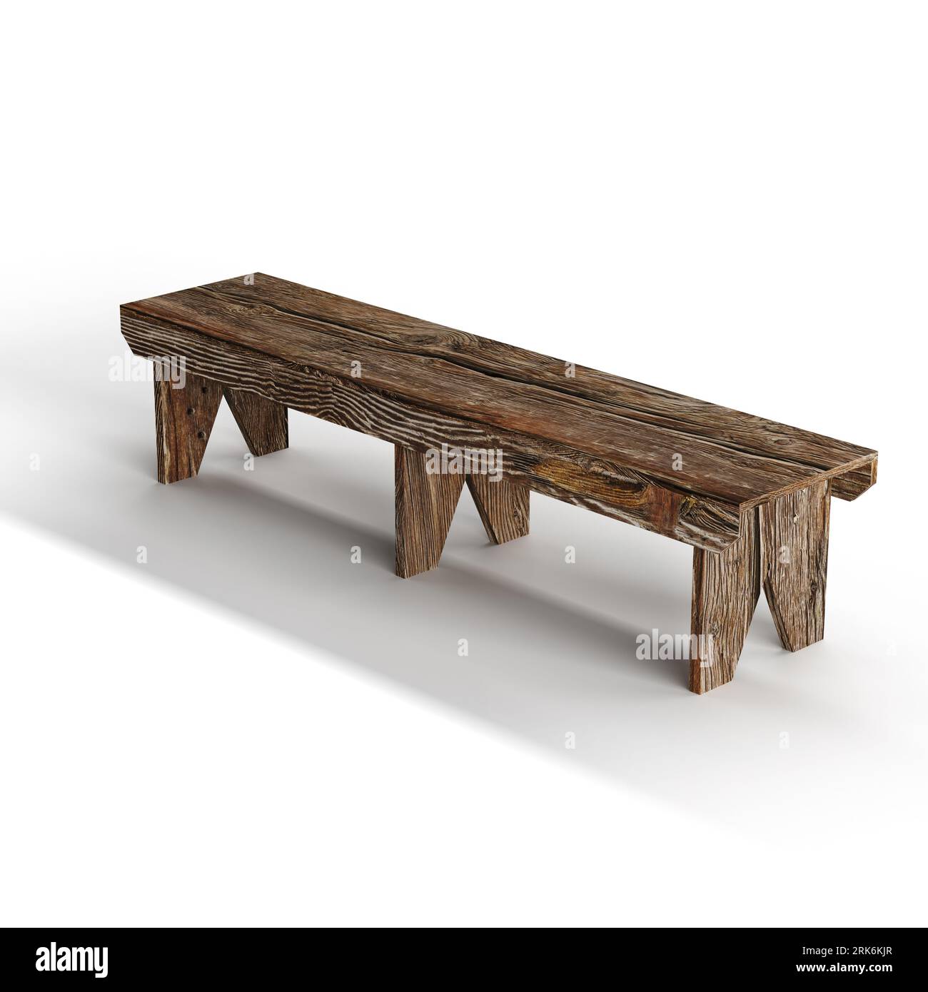 A wooden bench with a rustic finish sits unoccupied in a scenic setting ...