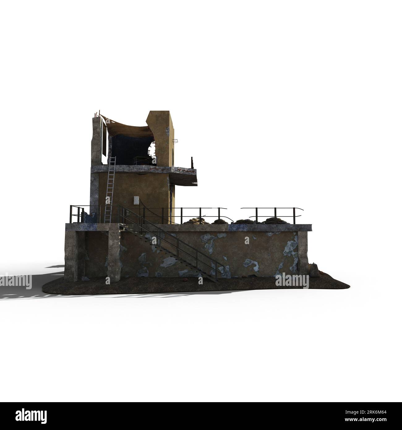 A 3D rendering of an abandoned building in a rural setting model ...