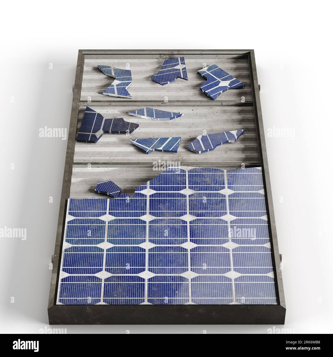 A 3D rendering of a broken solar power model isolated on a white ...