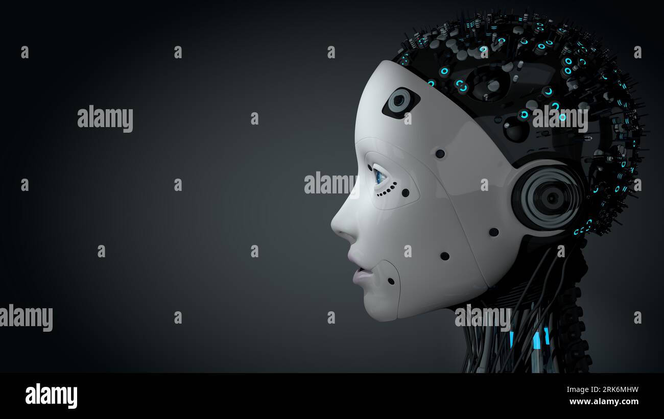 Side view of head of female humanoid robot with white glowing plastic ...