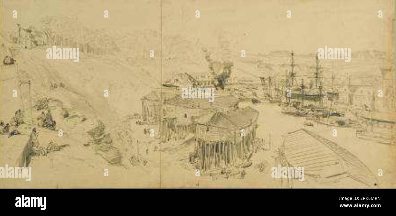 Vue de l’arsenal de Brest, bateaux en construction between circa 1840 ...