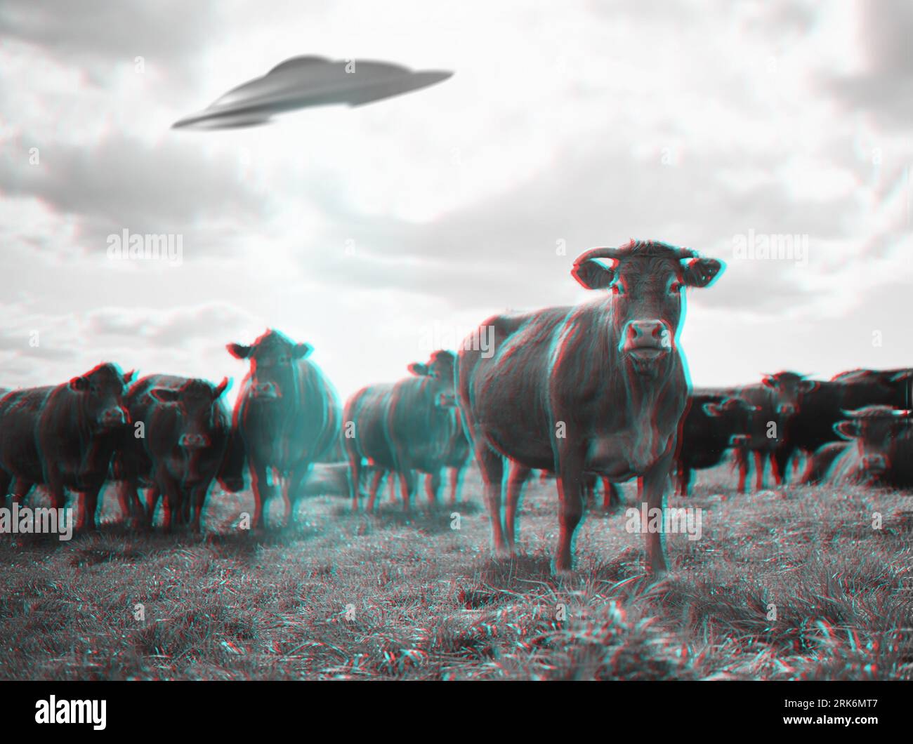 Alien abduction, spaceship and UFO with cow in field for fantasy ...