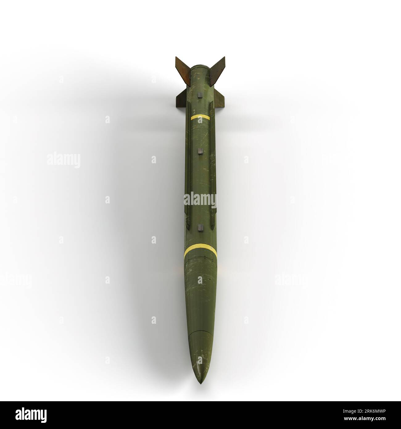 A 3D rendering of a military missile model isolated on a white ...