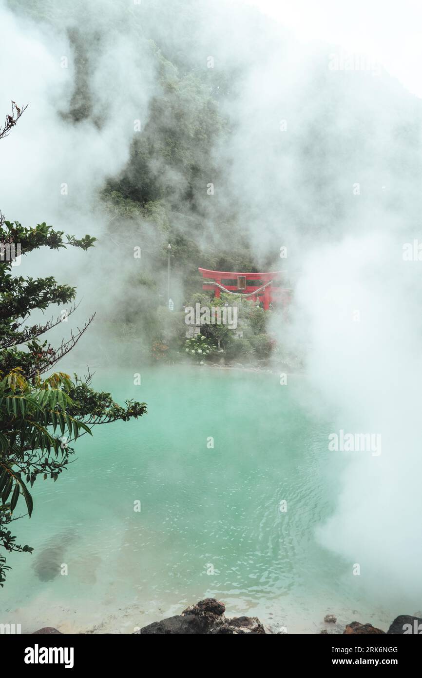 A vertical view of the Beppu Hot Springs in Japan, illuminated by ...