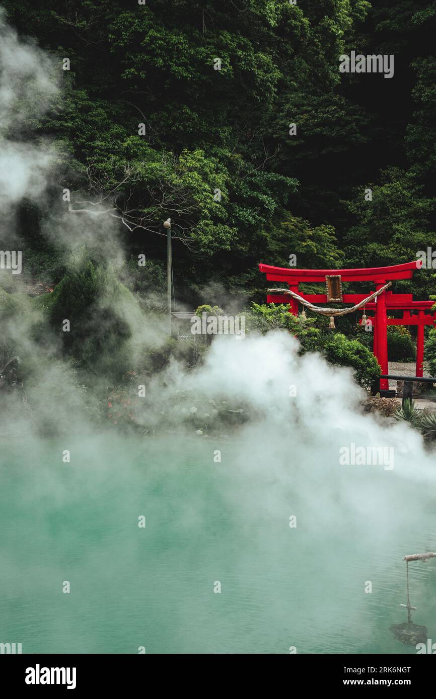A vertical view of the Beppu Hot Springs in Japan, illuminated by ...