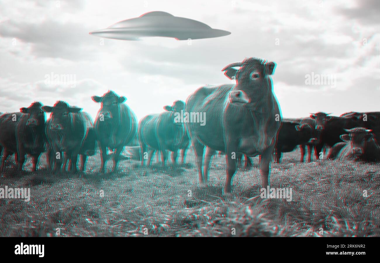 Alien, spaceship and UFO with cow on farm for fantasy, science fiction ...