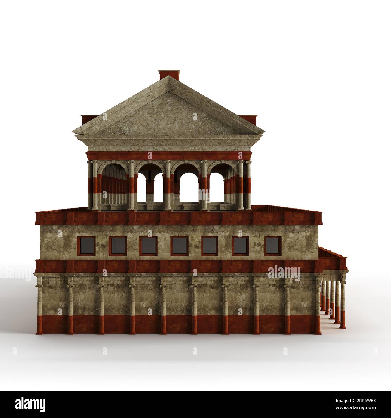 A 3D illustration of an ancient structure with ornate columns with a ...