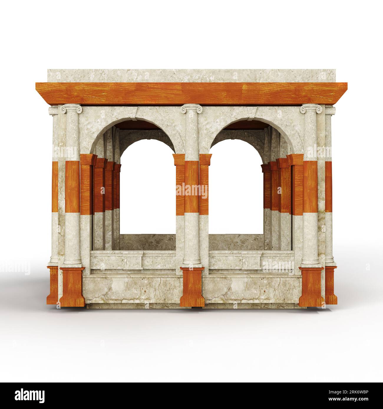 A 3D illustration of an ancient structure with ornate columns with a ...
