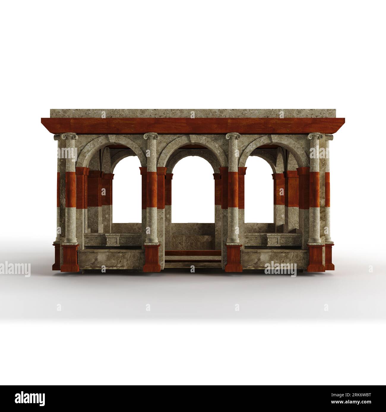 A 3D illustration of an ancient structure with ornate columns with a ...