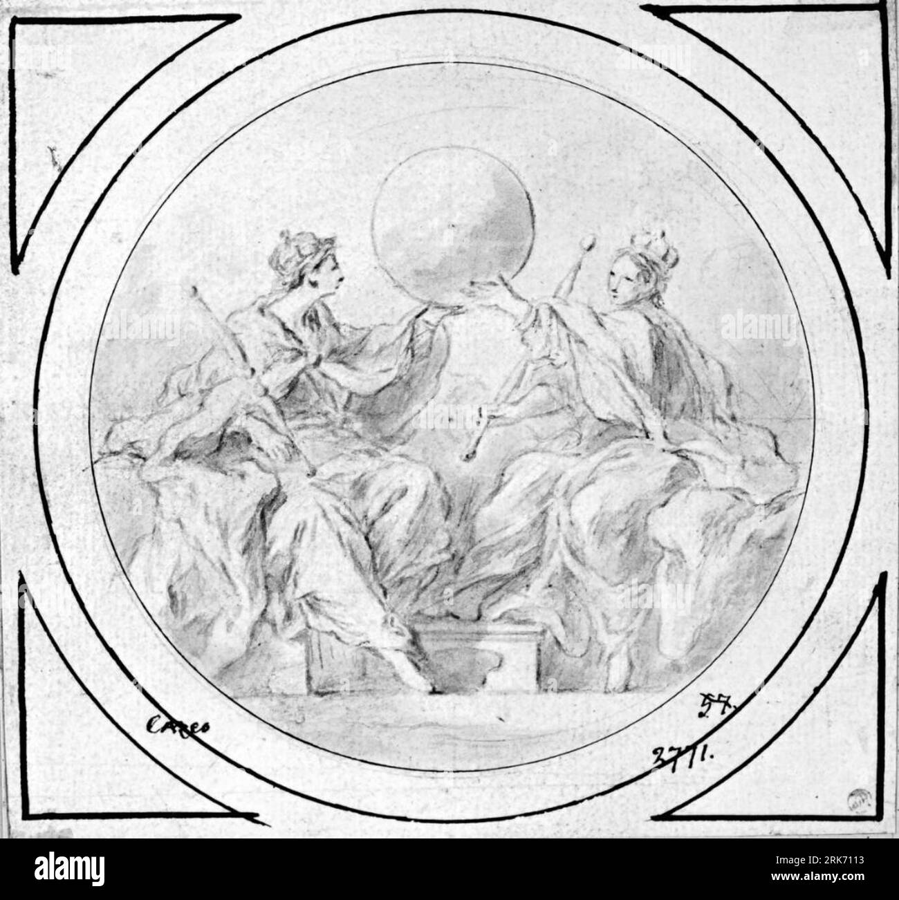 Allegori. Två krönta kvinnor håller jordglob by Pierre-Jacques Cazes ...