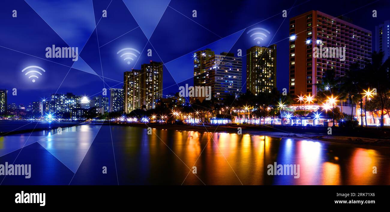 Internet, city and wireless network at night with neon overlay, lights ...