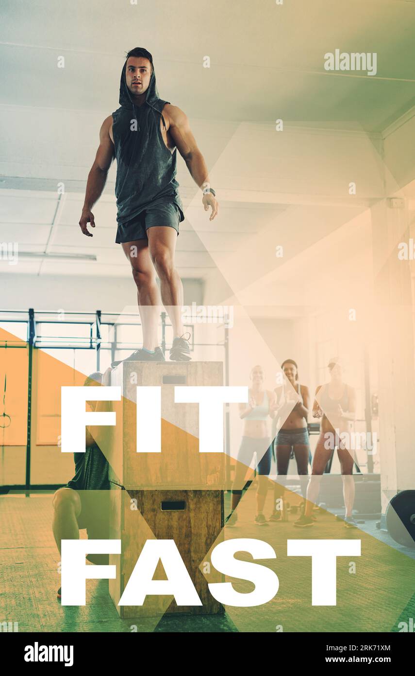 Fitness, workout overlay and gym message with man doing exercise and ...