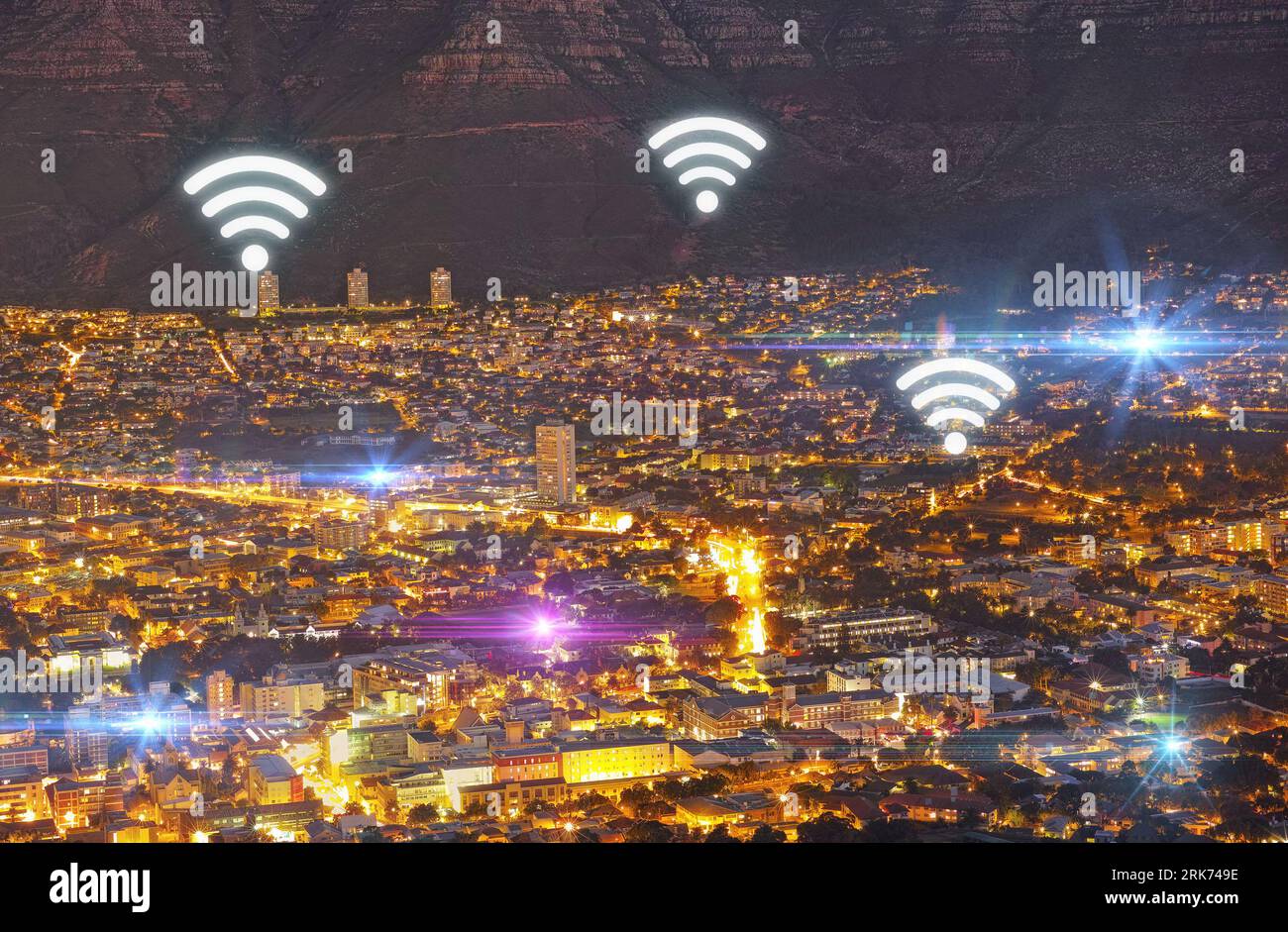 City, internet and wireless connectivity with buildings, technology ...