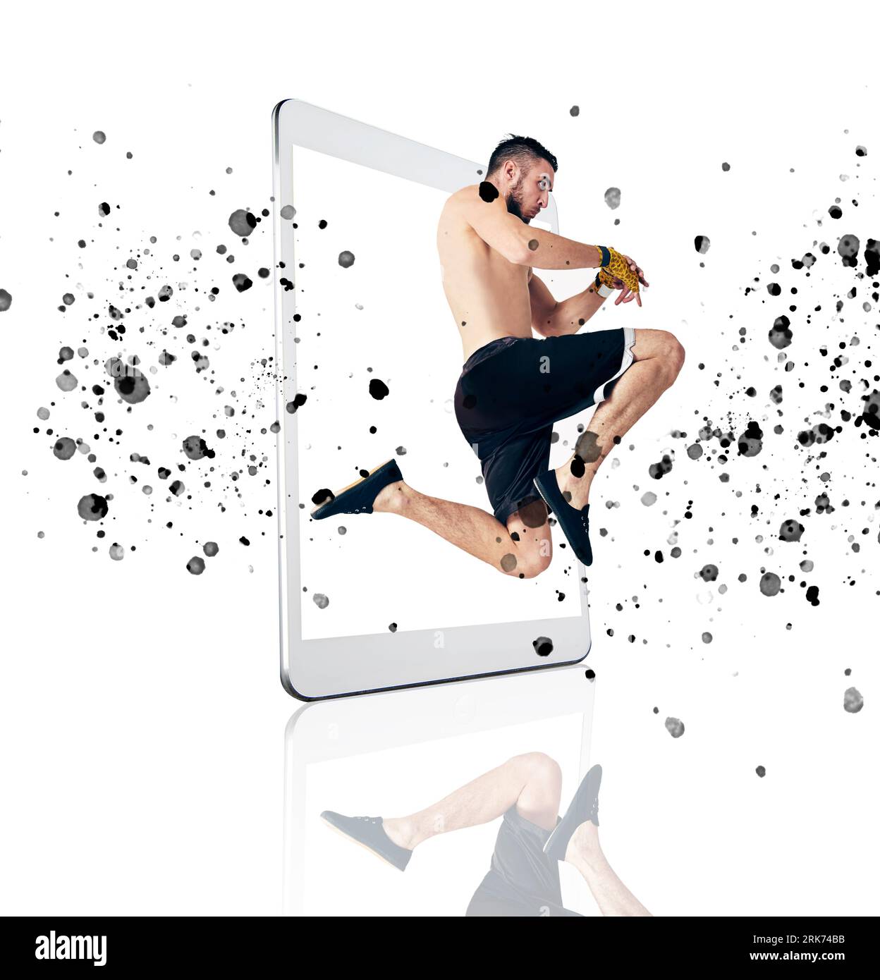 Tablet, fitness app and man fighter on screen in studio isolated on a ...
