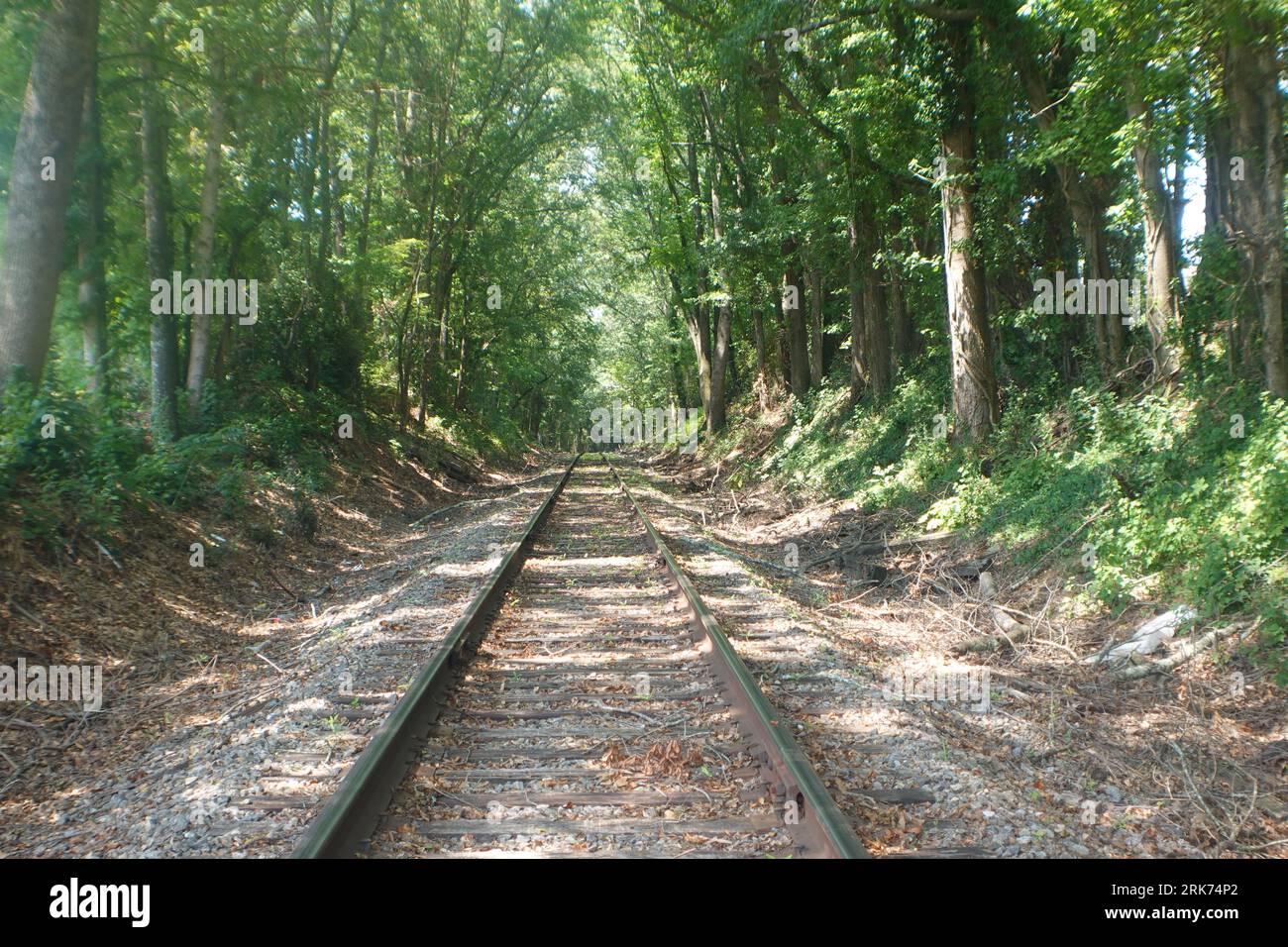 A stunning landscape featuring a tranquil stretch of highway with empty train tracks running ...