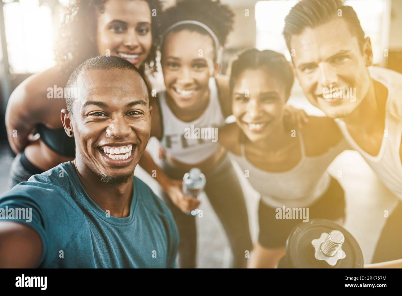 Portrait, happy gym selfie and friends training for power, workout and ...