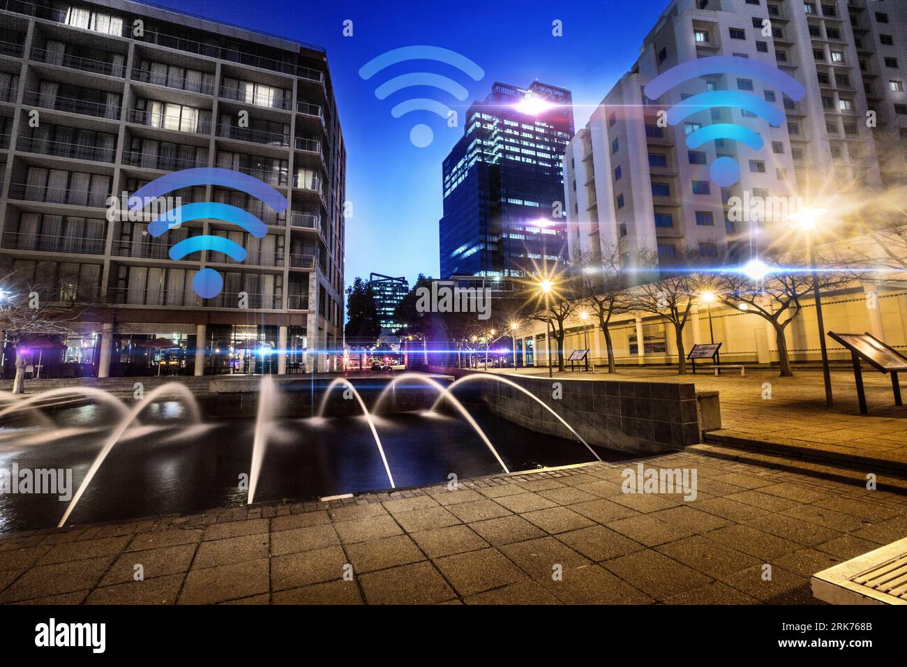 Network, city and wireless internet at night with neon overlay, lights ...