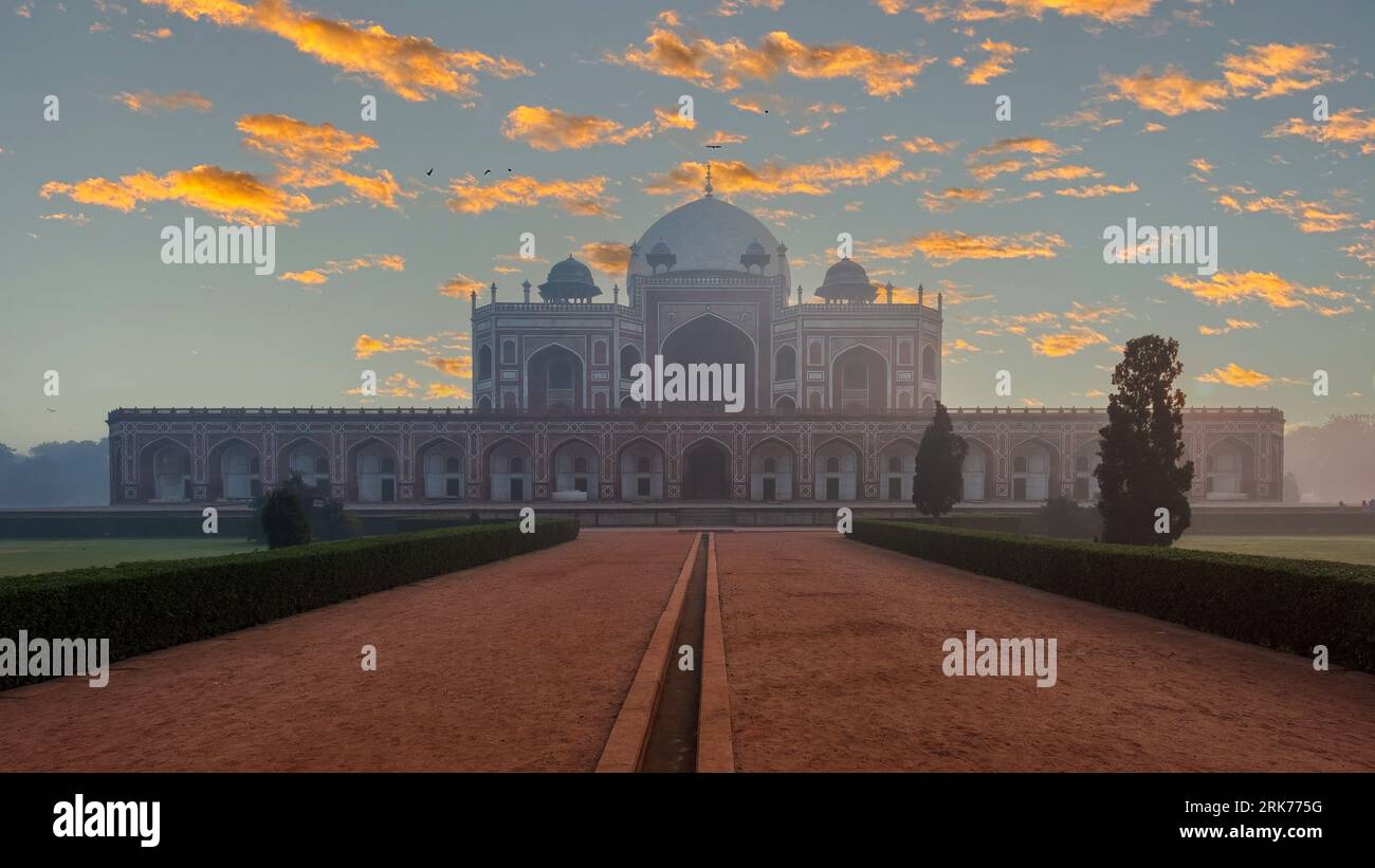 Humayun Tomb in a misty morning after sun rise.It is a mausoleum built ...
