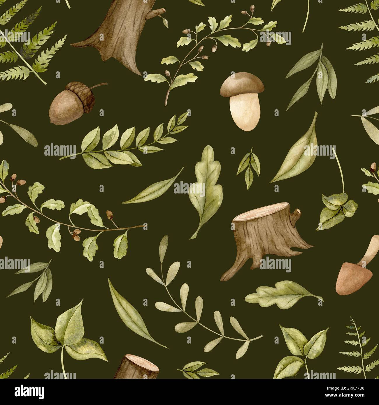 Woodland seamless Pattern with forest leaves and mushrooms. Hand drawn ...