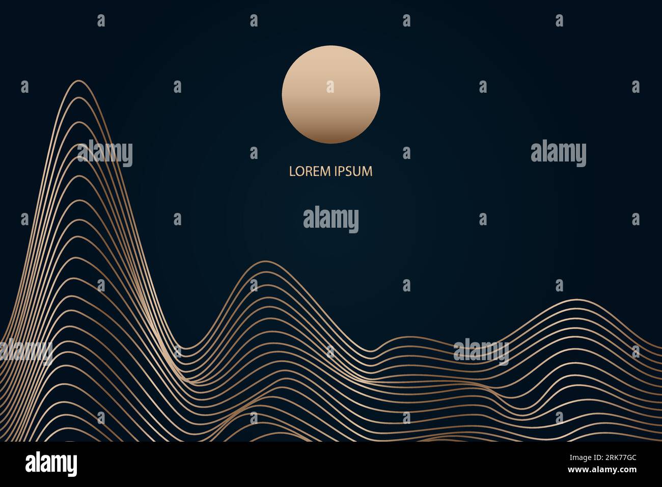 Golden linear abstract mountains on dark background, Moon over wavy ...