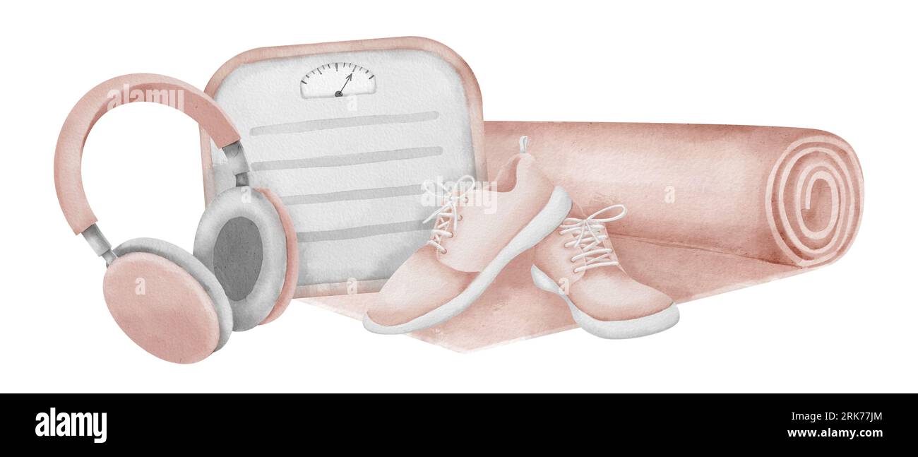 Drawing of pink female yoga mat and headphones. Hand drawn watercolor ...