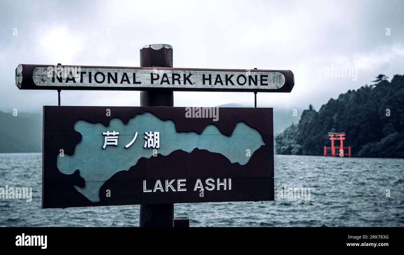 Map of Lake Ashi in Hakone National Park, Japan. Japanese text ...
