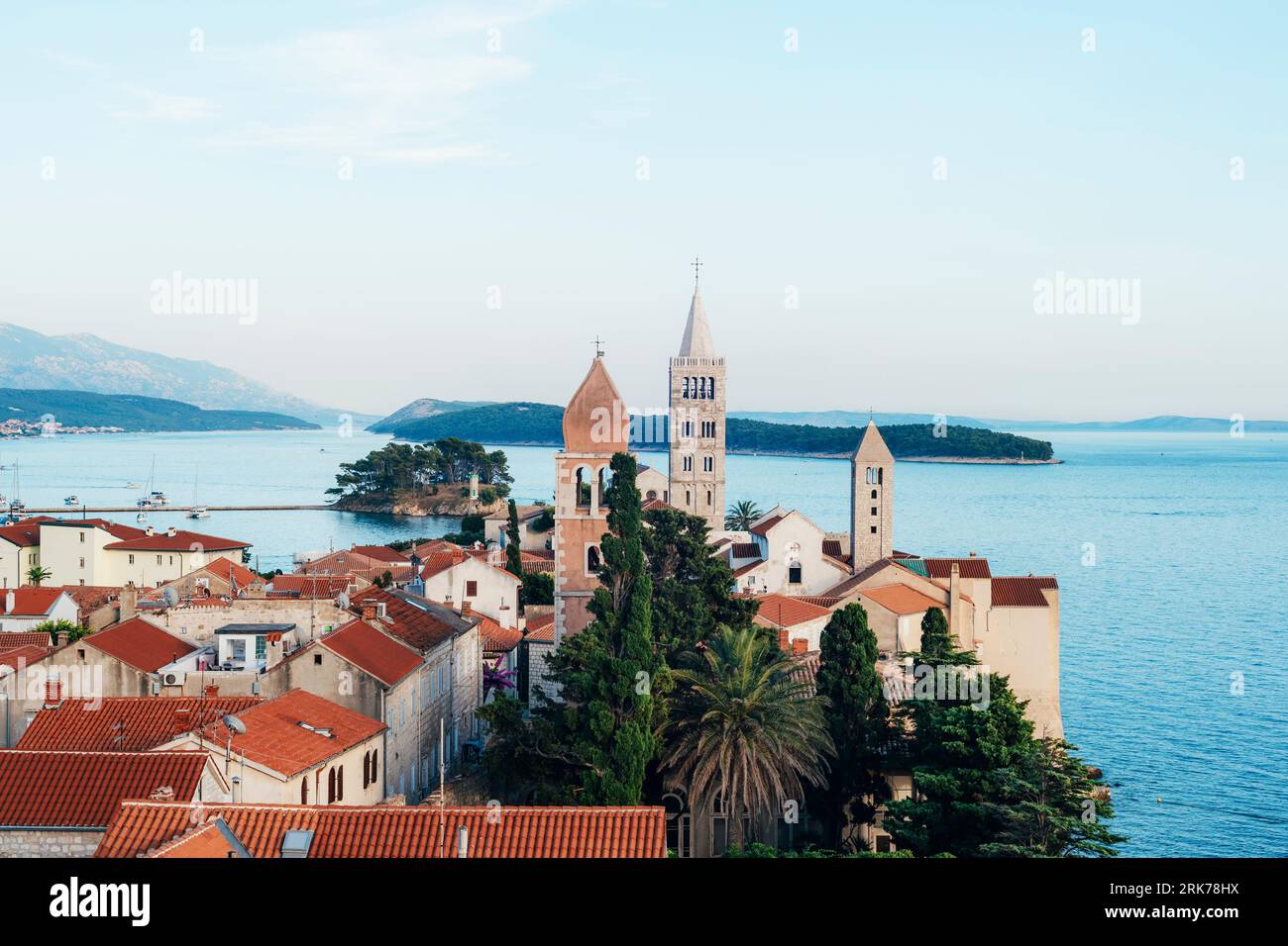 Beautiful Rab town with four towers. Rab island, Croatia Stock Photo ...