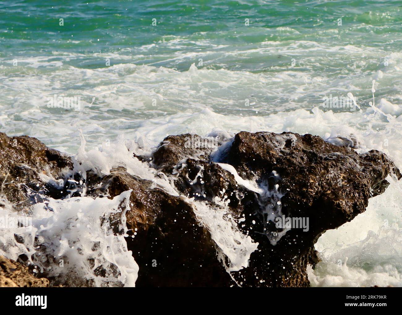 Shining splashes of the foamy green seawater on a porous rocks Stock ...