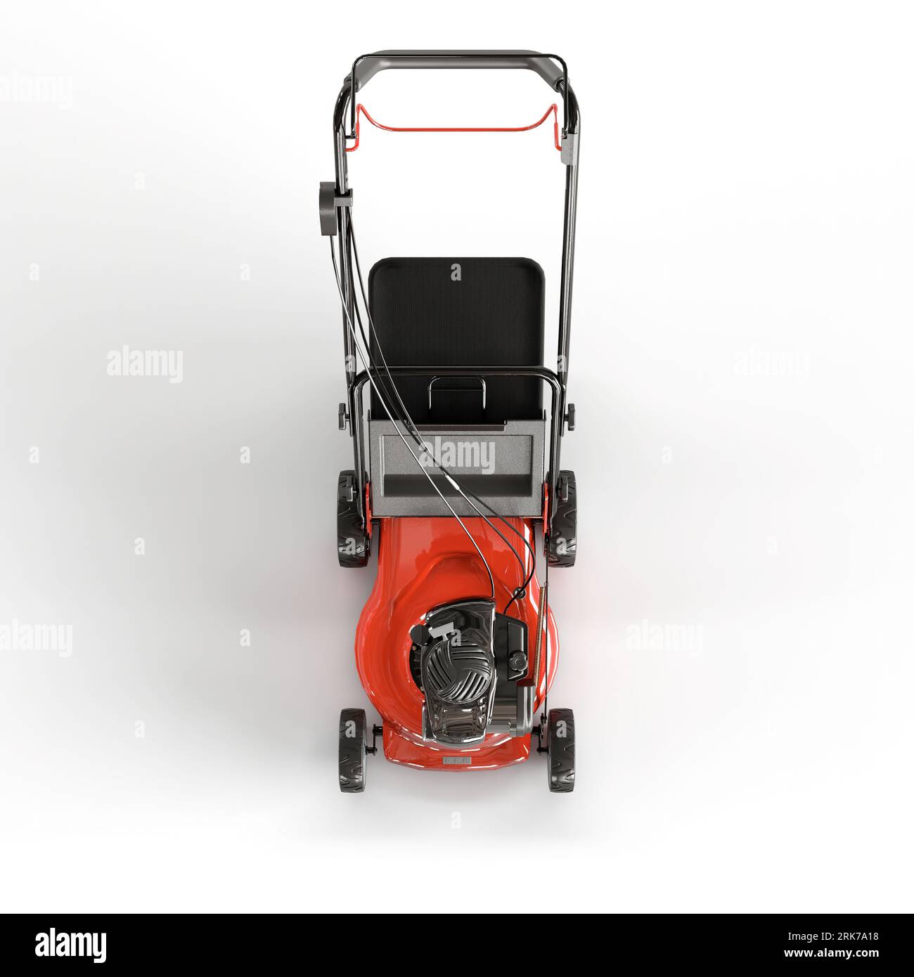 A 3D render of a bright orange gas-powered push lawnmower resting on a ...