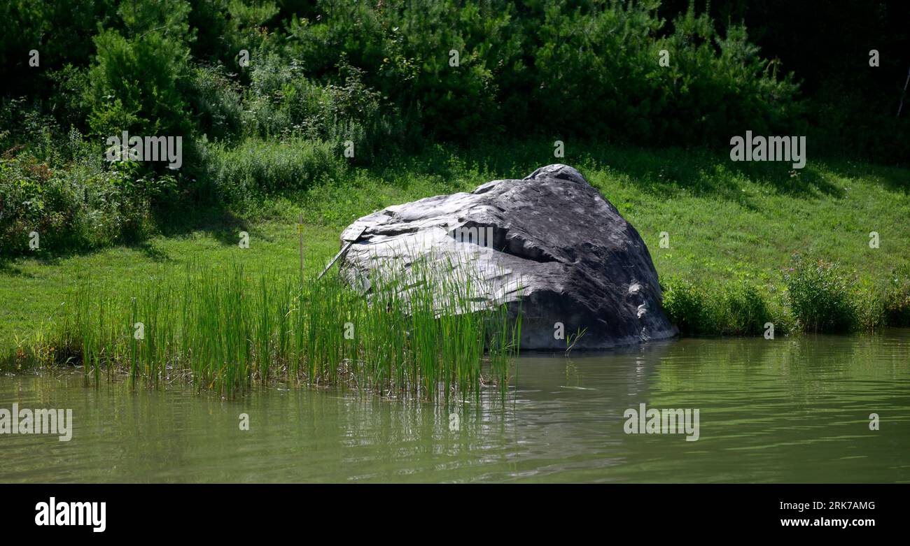 An outdoor scenic photograph featuring a body of water surrounded by a ...
