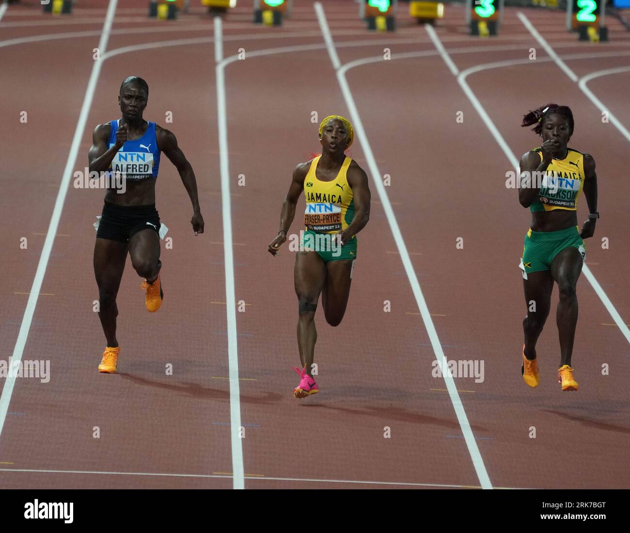 Julien ALFRED of LCA , Shelly-Ann FRASER-PRYCE , Shericka JACKSON of ...