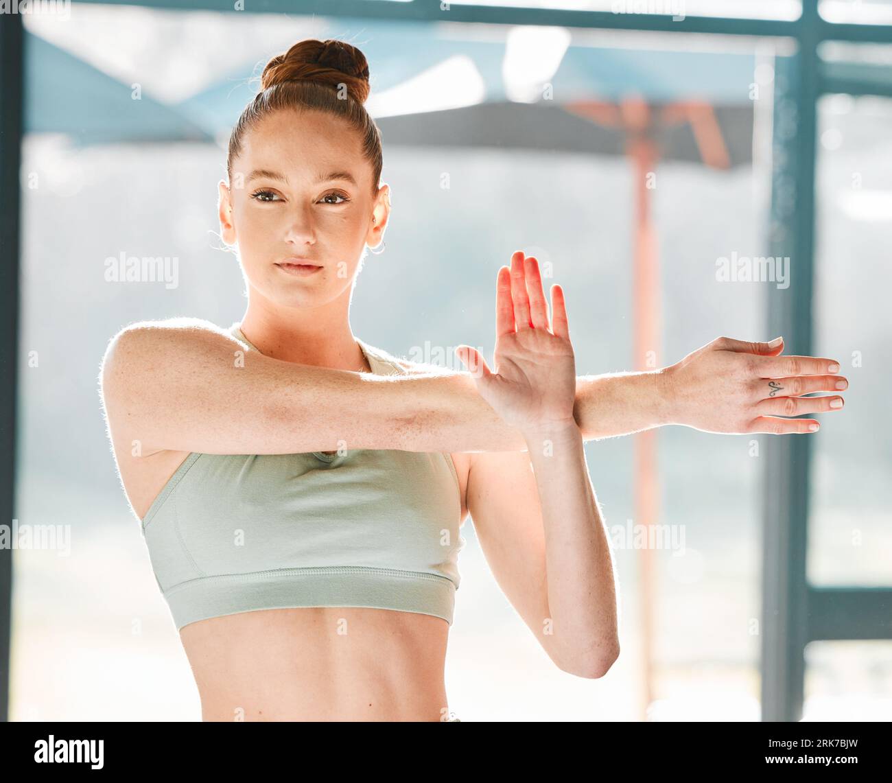 Gym, thinking or woman stretching body or ready to start gymnastics ...