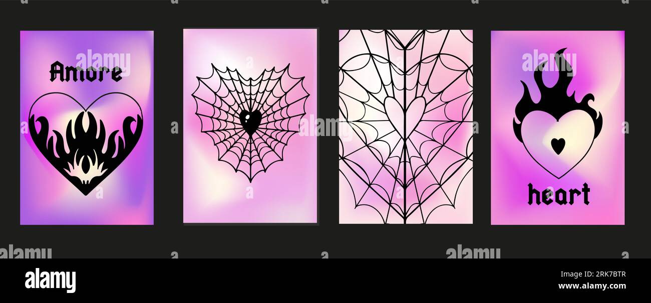y2k emo poster fire, spider web hearts. Vector illustration Stock ...