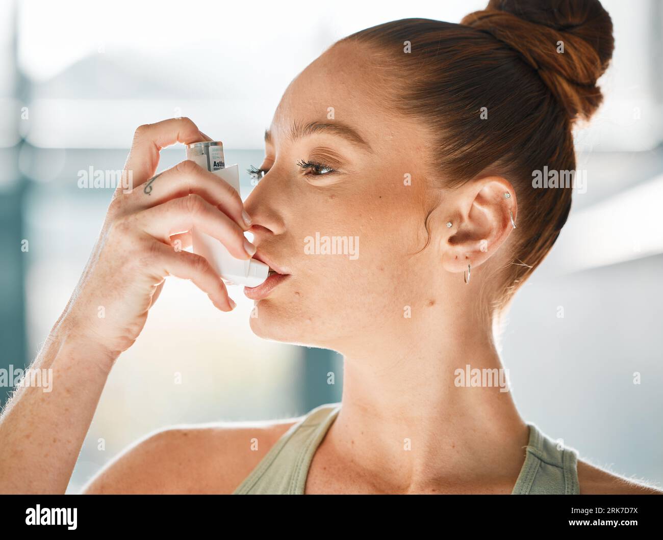 Woman, sports or breathe asthma pump for helping with health risk ...