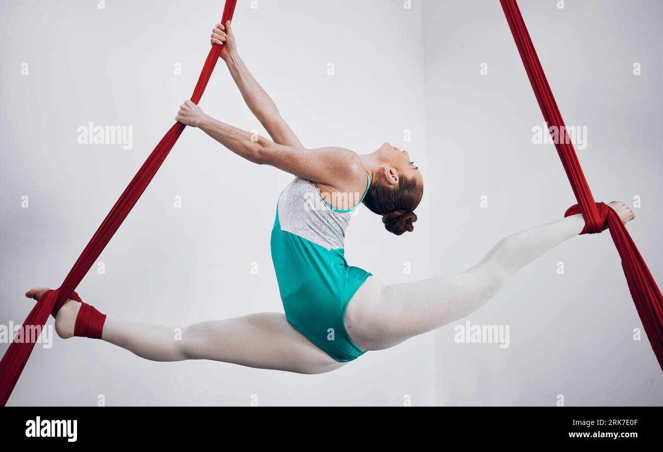 Gymnastics, woman acrobat with performance and fitness, sports and art ...