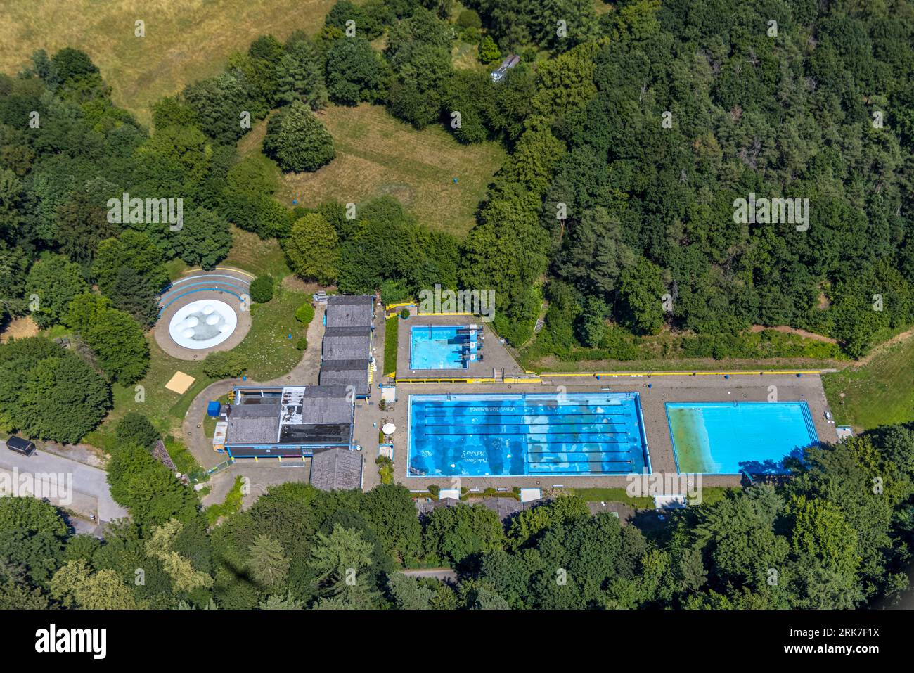 Aerial view, Schwelmebad outdoor pool, Schwelm, Ruhr area, North Rhine ...