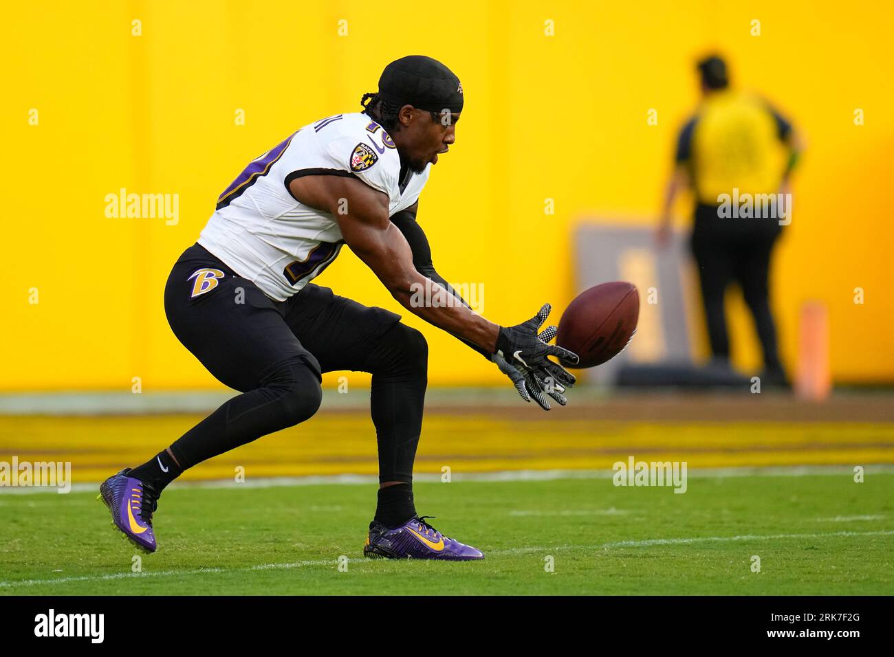 Baltimore Ravens wide receiver James Proche II works out prior to an ...