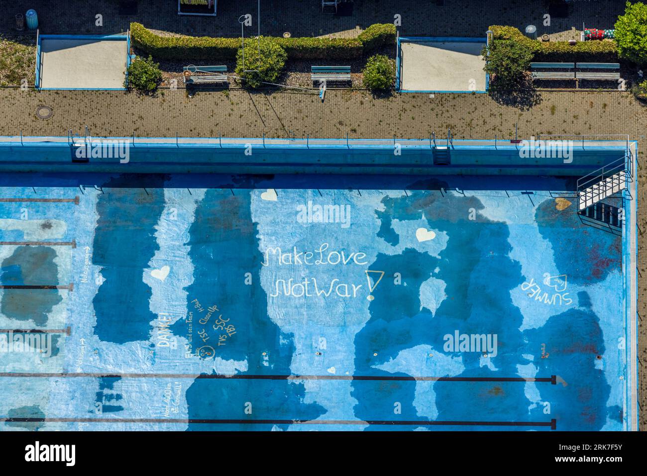 Aerial view, Schwelmebad outdoor pool, saying Make Love Not War ...