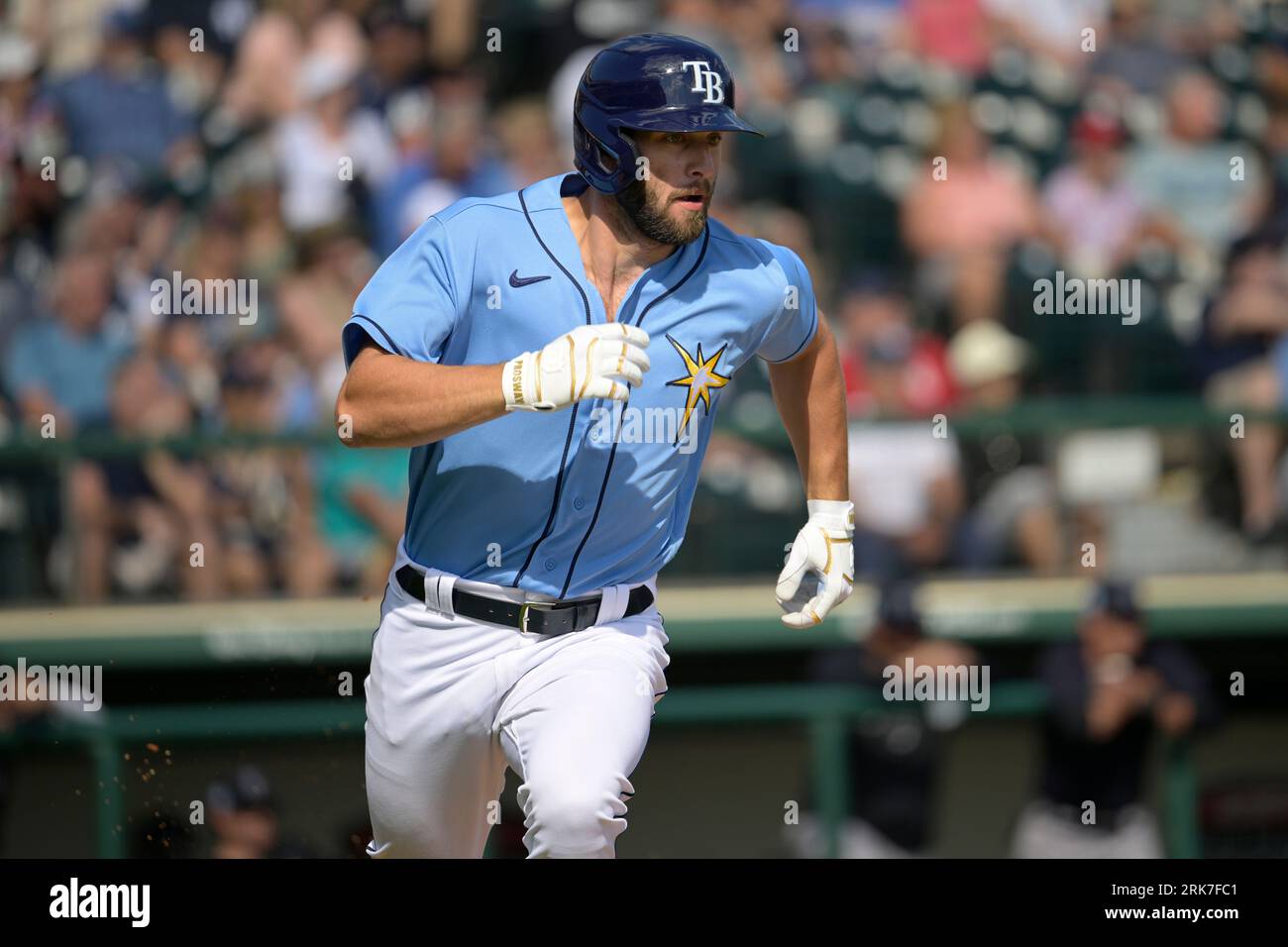Tampa Bay Rays' Tristan Peters runs after hitting a single during the ...