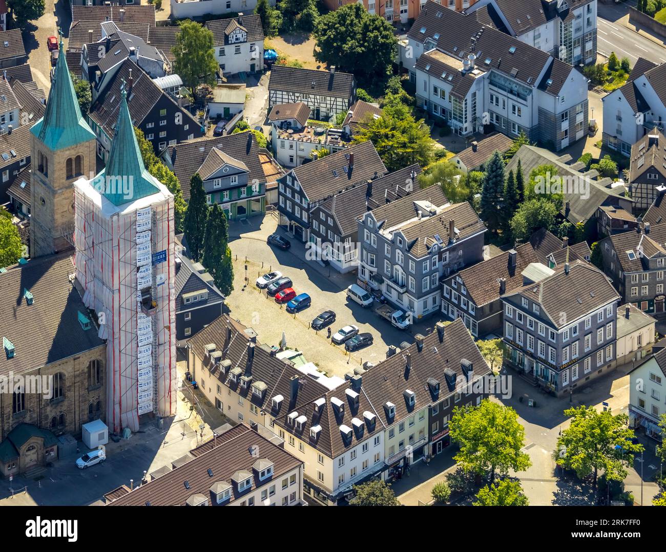 Construction site with renovation and shrouded church tower hi-res ...