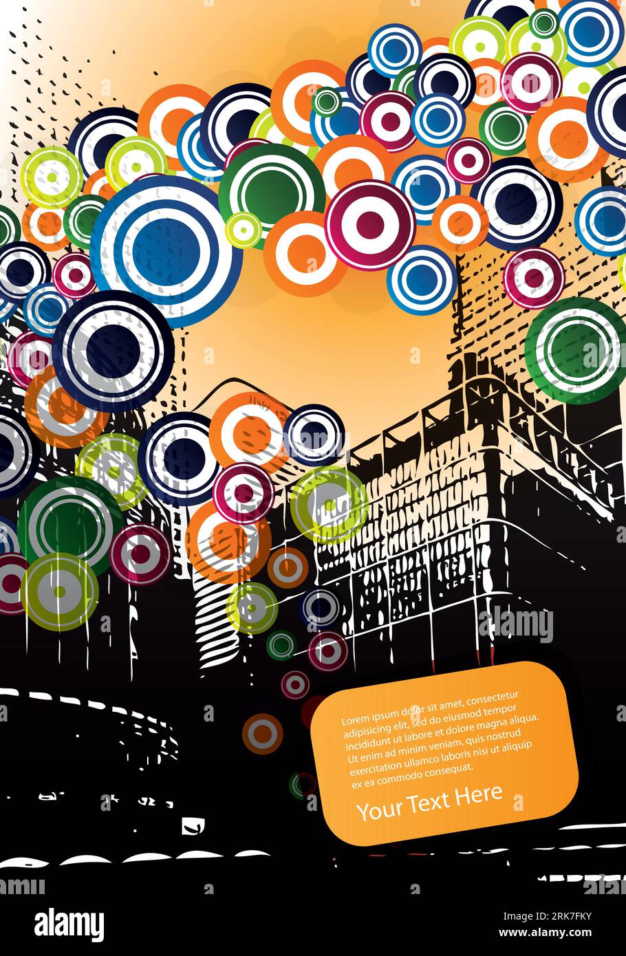 Orange Abstract City Buildings Background with Rainbow Circles Design ...