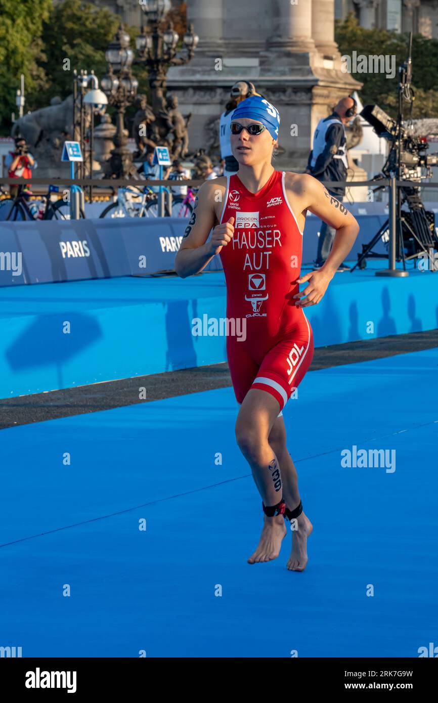 Paris, France - 08 17 2023: Paris 2024 triathlon test event. Parade of ...