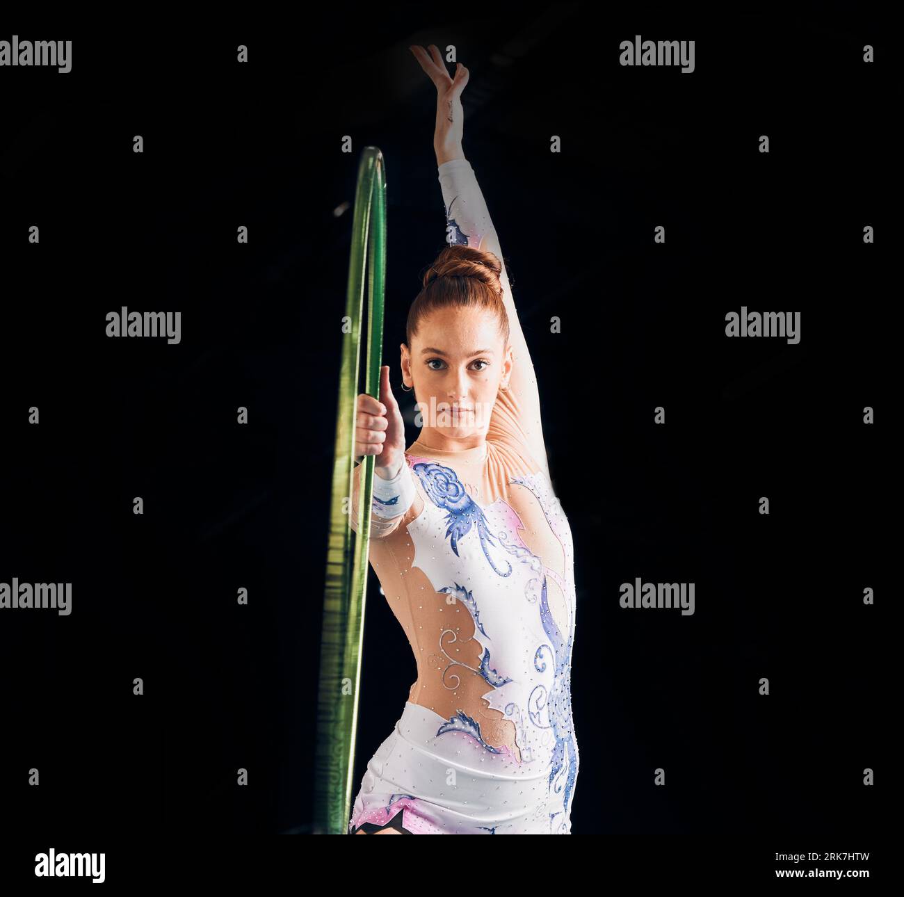 Portrait, dance with a gymnastics hoop and a woman in the gym for a ...
