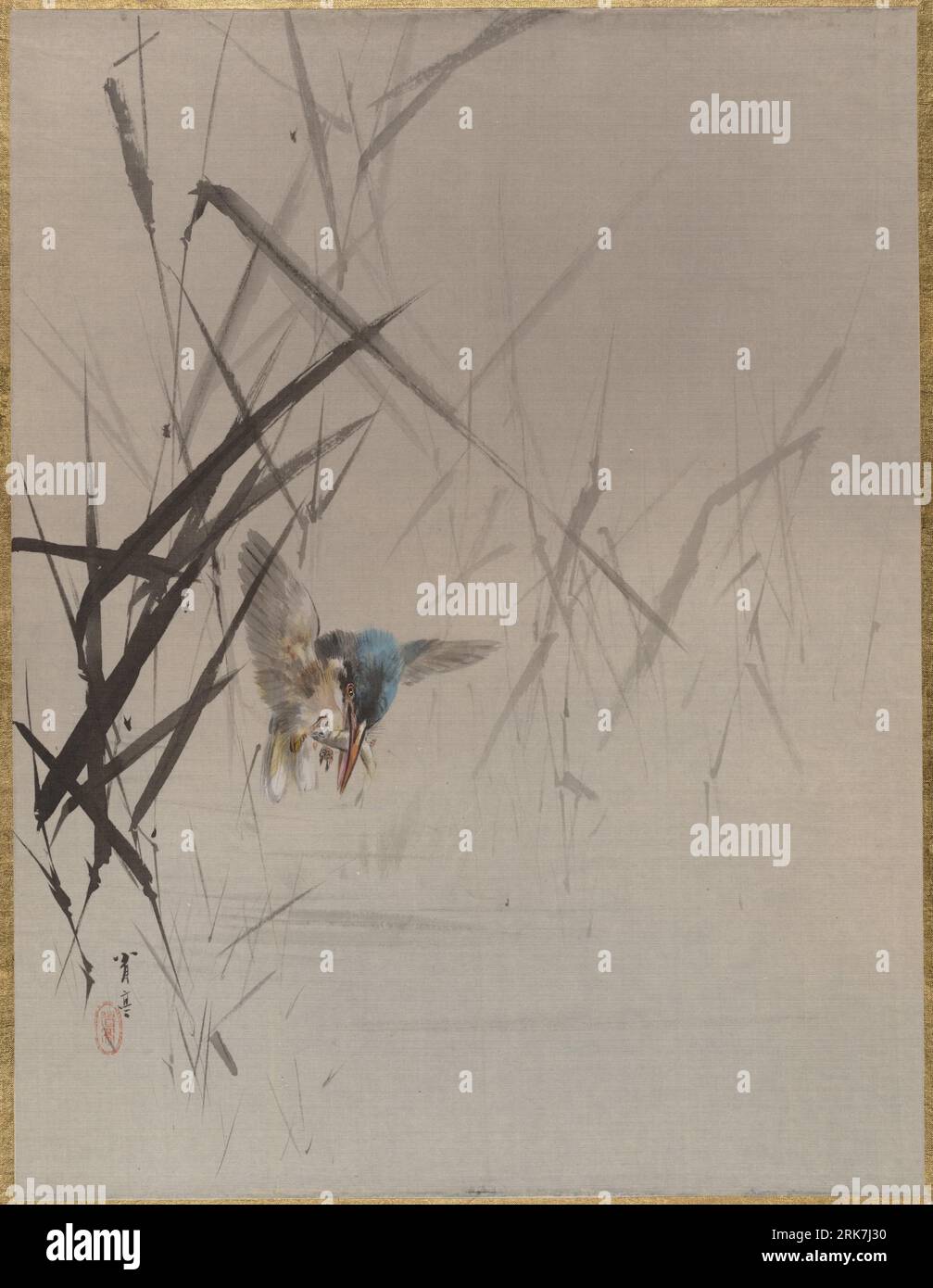Bird Catching Fish Among Reeds circa 1887 by Watanabe Shōtei Stock ...