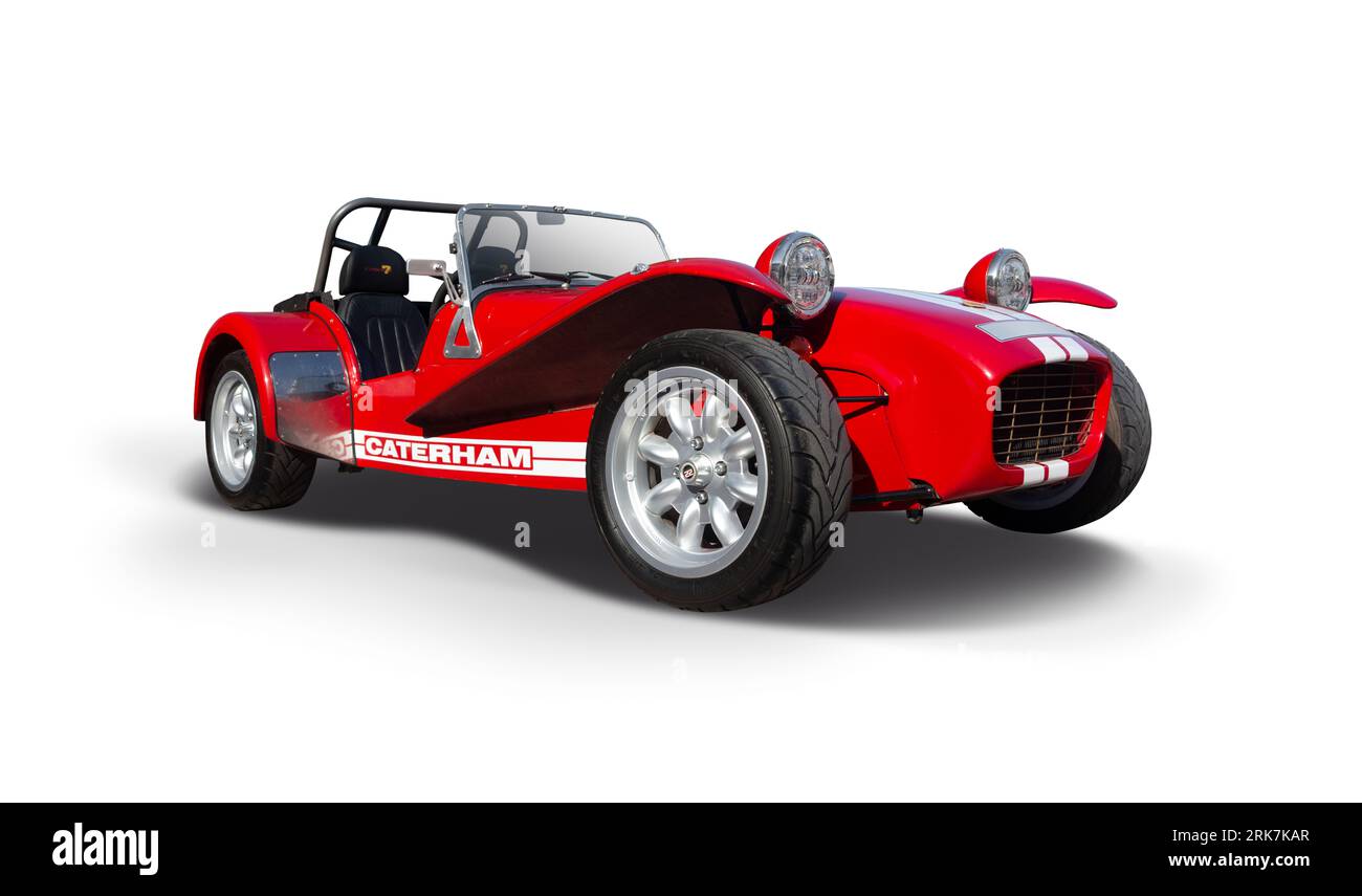 Lotus Caterham 7 car with red color and white stripes isolated on white ...