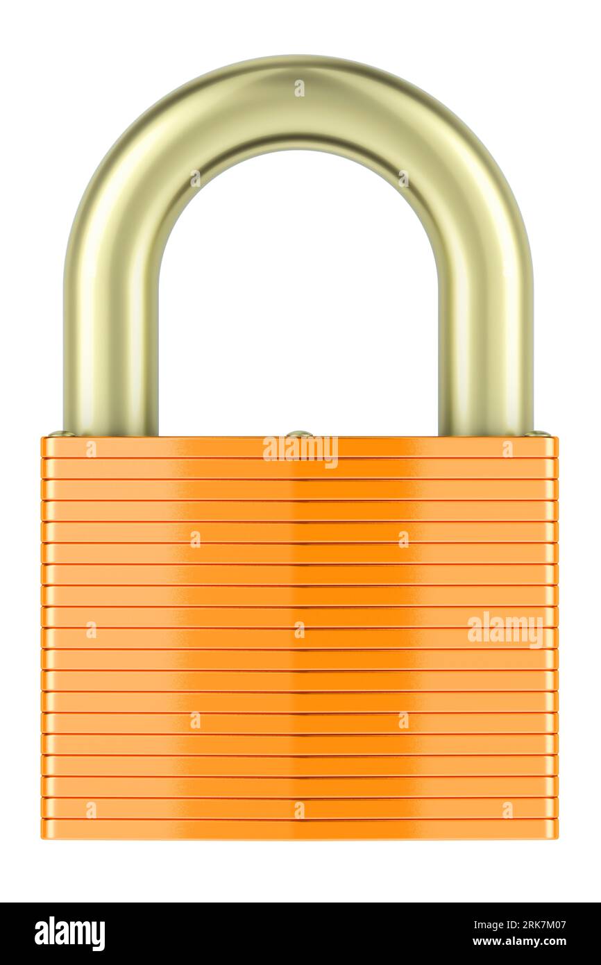 Golden padlock, front view. 3D rendering isolated on white background ...
