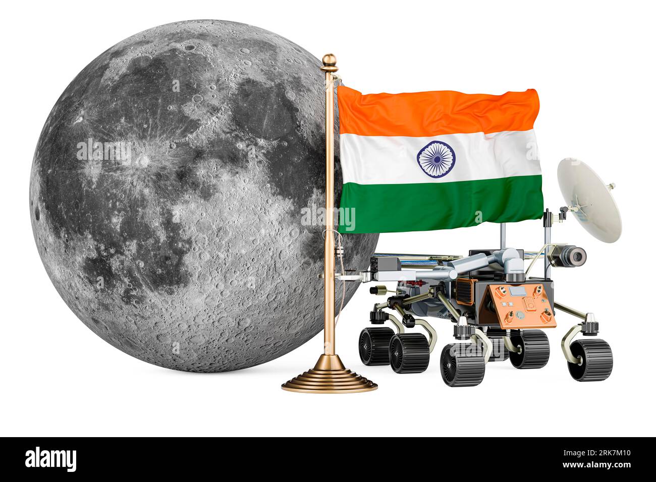 Indian Lunar Exploration Program Planetary Rover With Moon And Indian Flag 3d Rendering